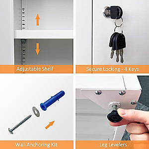 JINKUR Metal Storage Cabinet with Locking Doors and 2 Adjustable Shelves, Small Lockable Steel Storage Cabinets for Home Office Garage Kitchen Pantry (White)