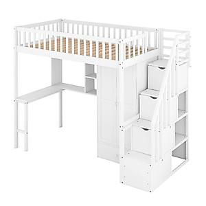 Quarte Multifunctional Wooden Twin Size Loft Bed with Built-in Desk,Bookshelf and Wardrobe,Drawers and Storage Stairs,for Kids Boys Girls Teens Adults Bedroom (White@r)