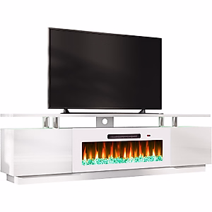 AMERLIFE Fireplace TV Stand with 40" Fireplace, 80" Modern High Gloss Fireplace Entertainment Center LED Lights, 2 Tier TV Console Cabinet for TVs Up to 90", White & White