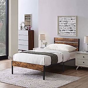 VECELO Platform Twin Bed Frame with Rustic Vintage Wood Headboard, Mattress Foundation, Strong Metal Slats Support, No Box Spring Needed