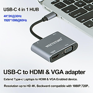 USB to Hdmi VGA Adapter Type-c 4 in 1 Hub to 100W PD 4K HDMI VGA and USB 3.0 Adapter Support Screen Projection and USB Multimedia Files Reading for Office iPad MacBook Pro/Air PC and Chromebook