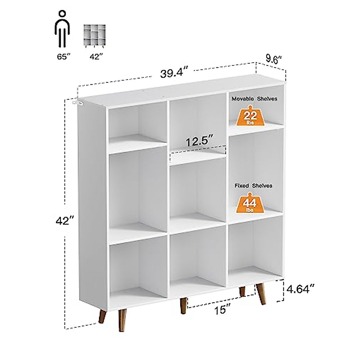 Pipishell 9-Cube Bookshelf, Bookcase with 3 Height-Adjustable Shelves and Solid Legs, Cube Storage Shelf, Modern Freestanding Open Bookshelf for Living Room, Bedroom, White, PIBS04W
