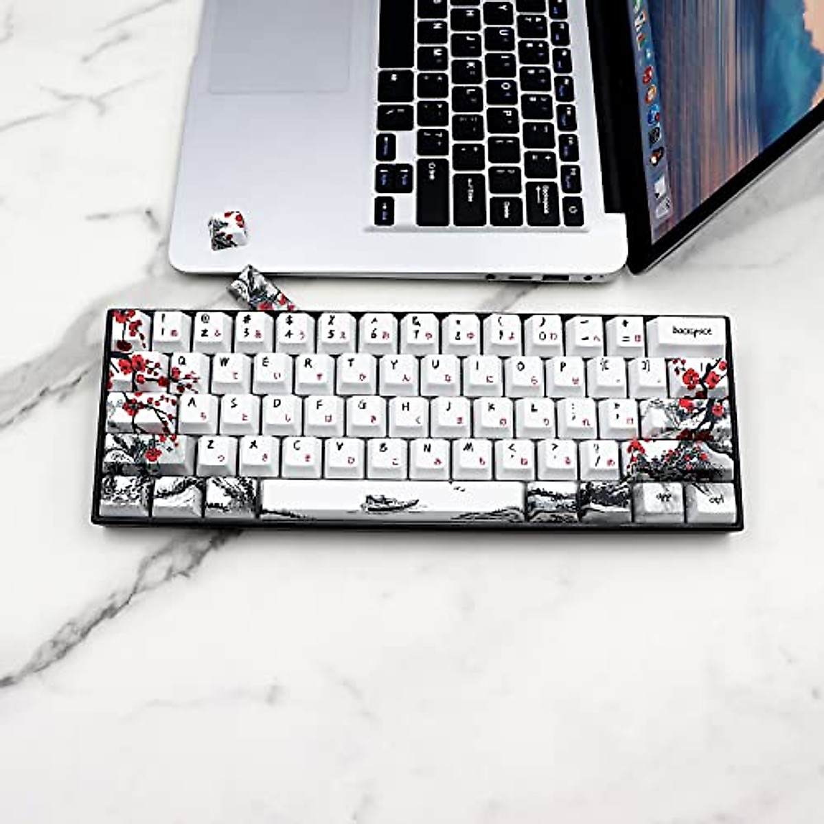 JSJT Custom Keycap-Keycaps 60 Percent Suitable for GK61/GK64/RK61/Anne /ALT61 Mechanical Keyboards 71 Key with Japanese Font Set OEM Profile PBT Keycaps with Keycap Puller (Plum Blossom Keycaps)