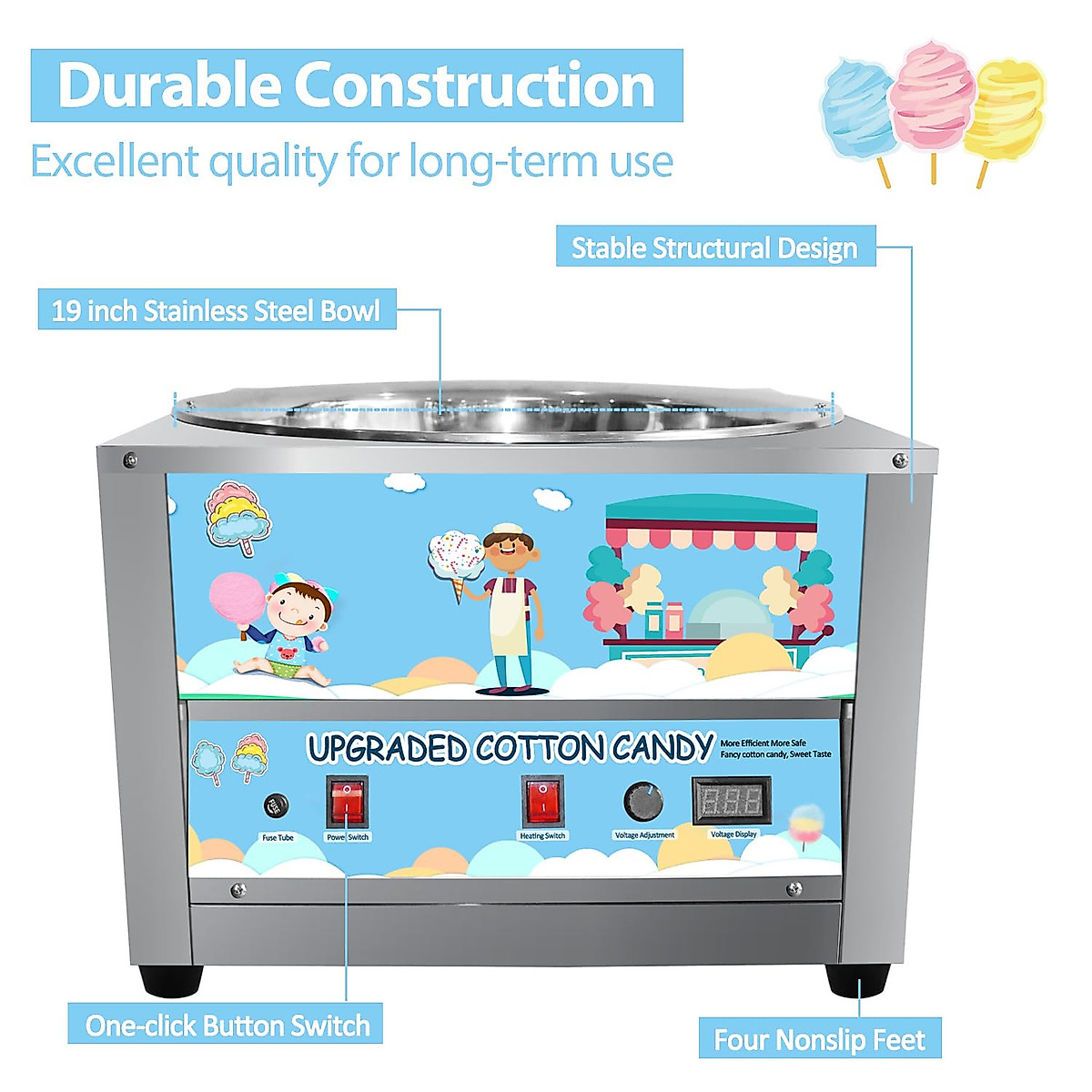 ExGizmo Commercial Cotton Candy Machine,1200W Electric Cotton Candy Machine,Stainless Steel Sweet Sugar Candy Floss Maker for Family Party or Carnivals Festivals