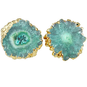SUNYIK Natural Quartz Geode Druzy Stud Earrings, Irregular Green
