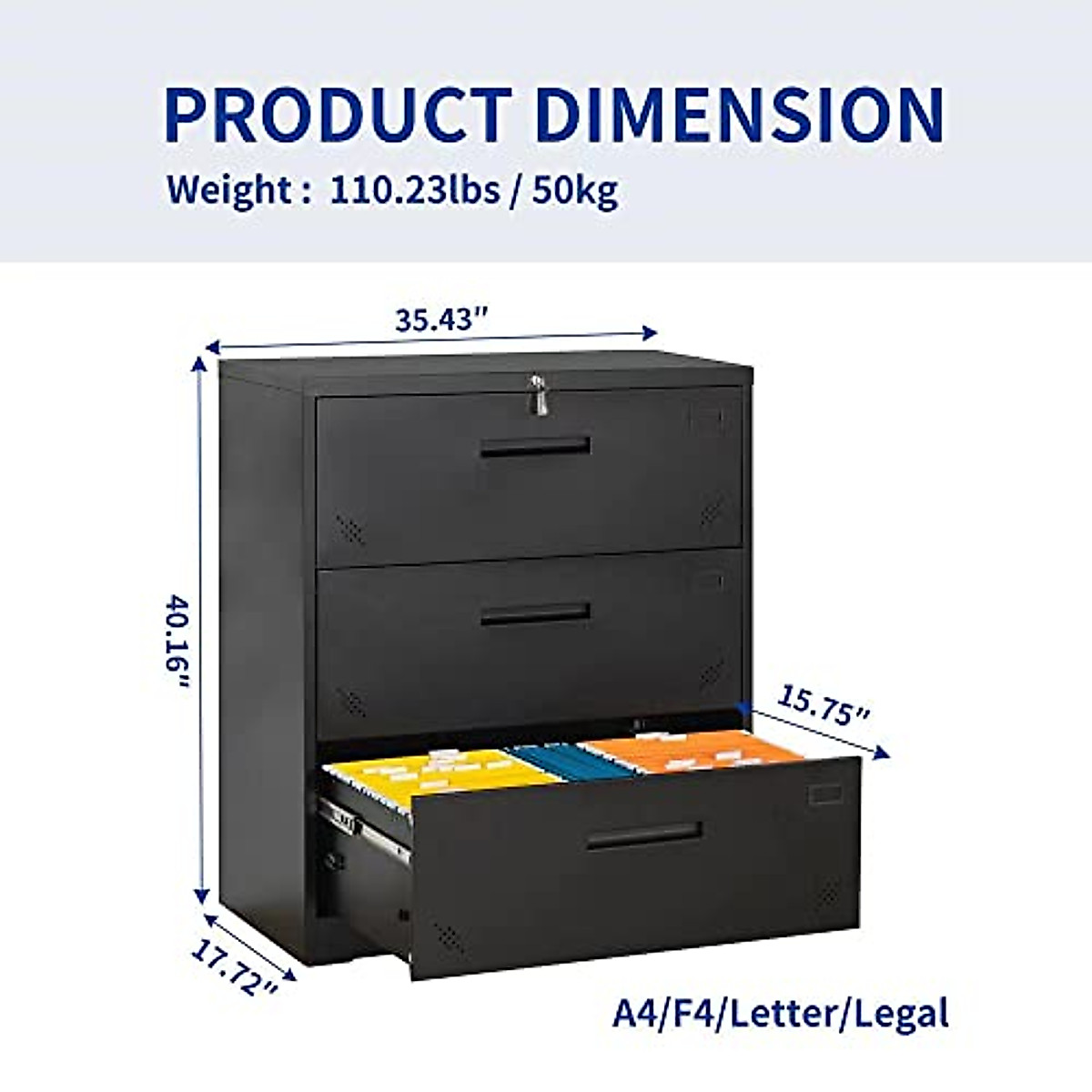 Yone jx je 3 Drawer Lateral Filing Cabinet for Legal/Letter A4 Size, Large Deep Drawers Locked by Keys, Locking Wide File Cabinet for Home Office, Metal Steel (Black)