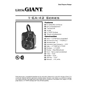 Little Giant 1-EA-42 115 Volt, 1/125 HP, 170 GPH Dual Purpose - Inline or Submersible, Small Epoxy-Encapsulated Pump with 10 ft. Cord, Black, 518087
