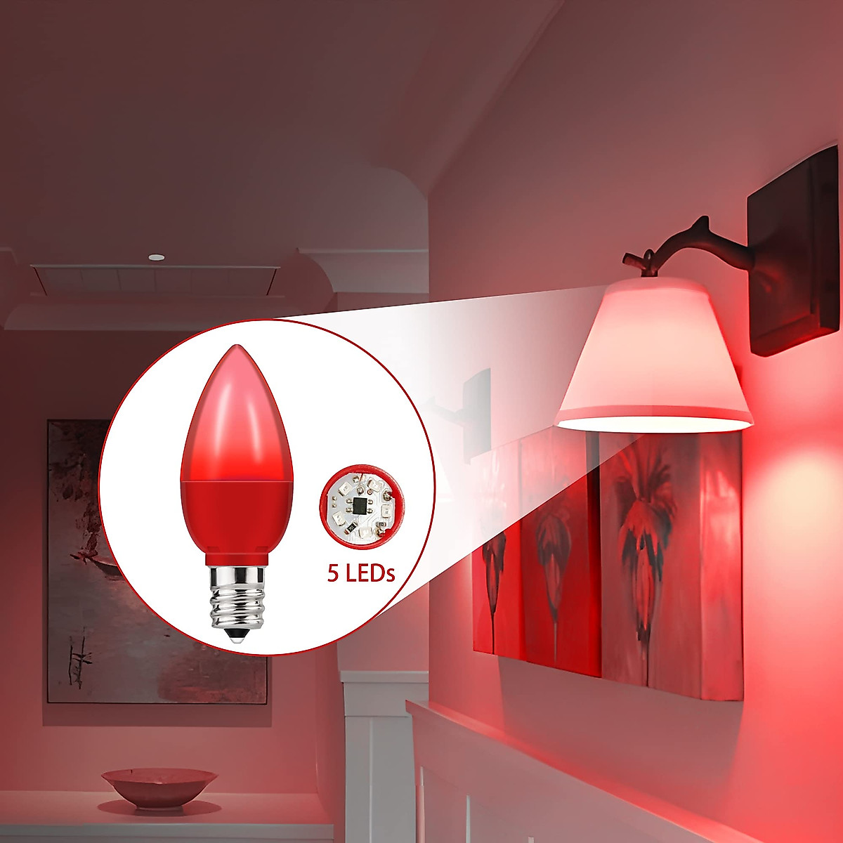 Flaspar C7 Red Night Light Bulb, E12 Candelabra Base Light Bulbs, C7 Colored Bulb 10W Equivalent Suitable for Halloween Night Lights, Decorative Lights and Christmas Strings, 6 Pack