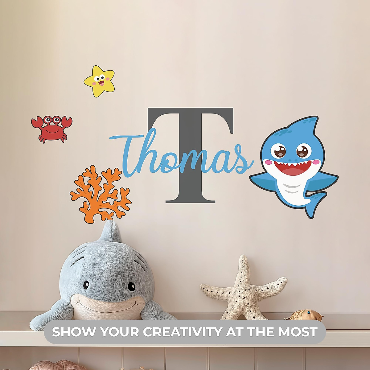 EGD Personalized Baby Shark Wall Decor I Name & Initial Wall Decals I Custom Name for Your Baby Room Decoration I Nursery Decor for Girls & Boys I Multiple Options for Customization