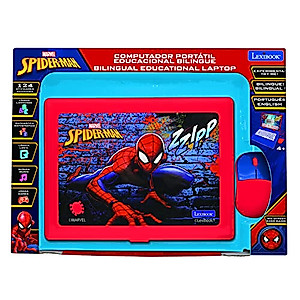 LEXiBOOK JC598SPi4 Marvel Spiderman-Educational and Bilingual Laptop Portuguese/English-Girls Toy with 124 Activities to Learn, Play Games and Music with Elsa & Anna-Blue/Red