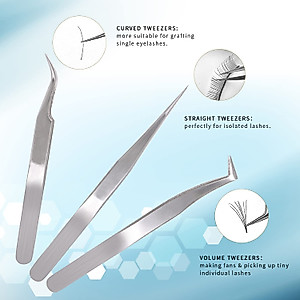 Eyelash Extension Tweezers for Volume Lashes,Isolation,Classic Tweezers Professional Stainless Steel Precision Tweezers Set 3 PCS KIT