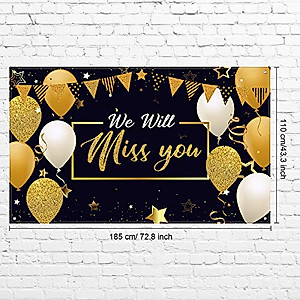 We Will Miss You Party Decorations, Extra Large Going Away Party Backdrop Miss You Photography Background Banner for Farewell Anniversary Retirement Graduation Party, 72.8 x 43.3 Inch (Black, Gold)