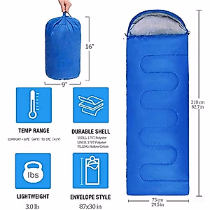 Lightweight Sleeping Bag, 3 Season Sleep Bags for Kids Adults Girls Women, Microfiber Filled Warm Cool Cold Weather 5-20 Degree for Backpacking/Hiking/Naturehike/Camping with Compression Sack -Blue
