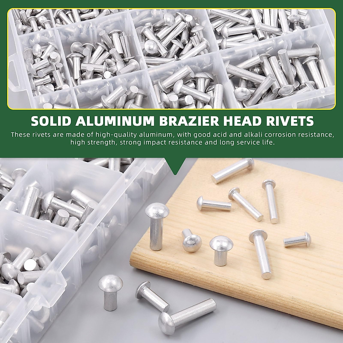 Keadic 300Pcs 12 Sizes Solid Aluminum Brazier Head Rivets Assortment Set, M4 M5 M6 10mm 14mm 20mm 25mm Length Aluminum Rivets Fastener for Household Machinery Automobile Industry