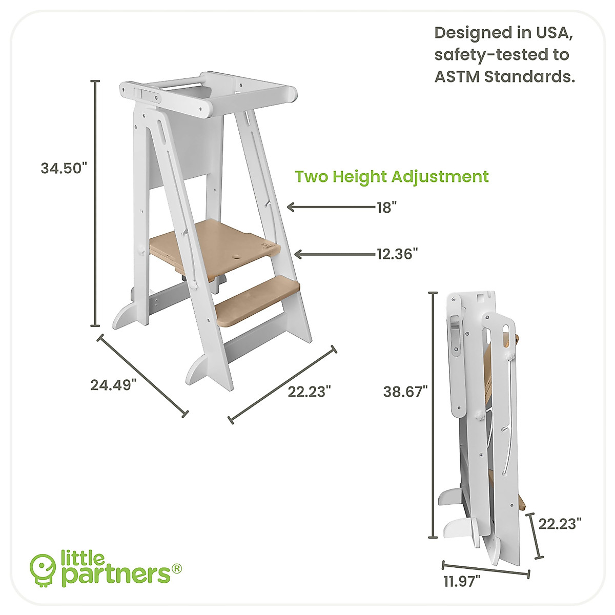 Little Partners® Learning Tower Foldable Toddler Tower Baby Kitchen Stool - Kitchen Helper Stool Adjustable Ladder for Kids Ages 2 to 6 (White w/Natural)