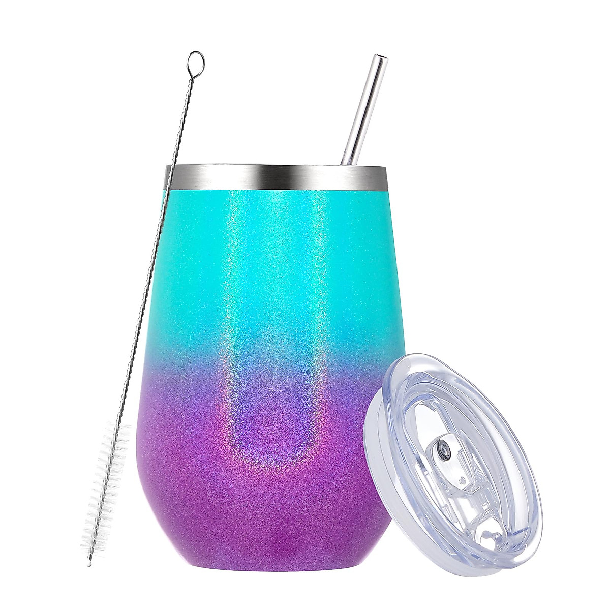 MEWAY Stemless 12oz Insulated Wine Tumbler with Lid and Straw - Double Wall Stainless Steel Thermal Cup for Hot and Cold Drinks, Travel wine glass, Bridal and Baby Shower Game Prizes(Glitter Aurora,1)