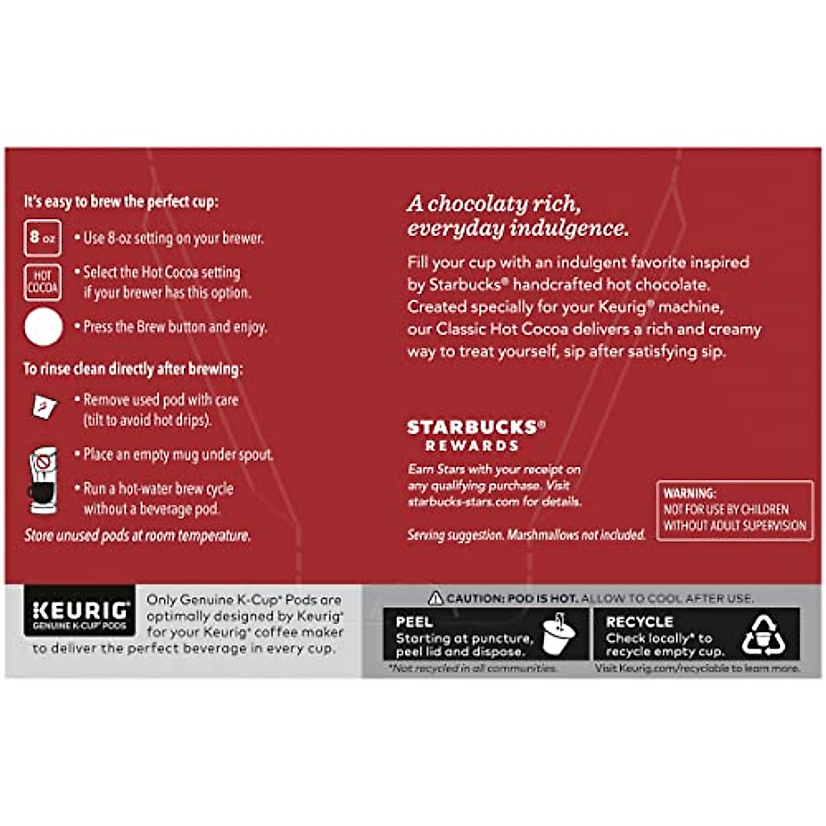 Starbucks Classic Hot Cocoa K-Cup Pods, Made with Real Cocoa & Nonfat Milk, K-Cup Pods for Keurig Brewing System, 10 CT K-Cups Per Box (10 Count (Pack of 2))