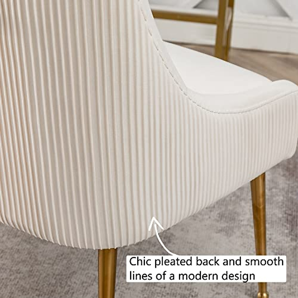 KINWELL Upholstered Dining Chairs, Modern Accent Side Chair with Pleated Back and Pull Handle, Velvet Armchair Desk Chair with Gold Metal Legs for Living Room, Home Office,Vanity(Beige)