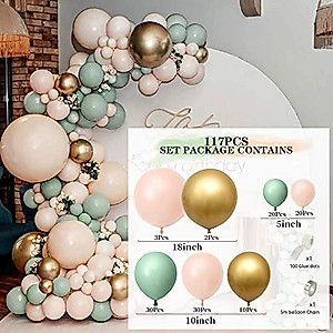 Topico 117 PCS Sage Olive Green Balloons Decor, Improved Design Sage Green Peach Blush Gold Balloon Garland Arch Kit, Jungle Safari Tropical for Baby Shower Wedding Birthday Theme Party Decorations Supplies