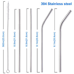 Reusable Straws with Case, Metal Straw Reusable Straws Drinking Straws Portable Eco Friendly Straight and Curved Stainless Steel Straws 8 Set with 2 Straw Cleaner