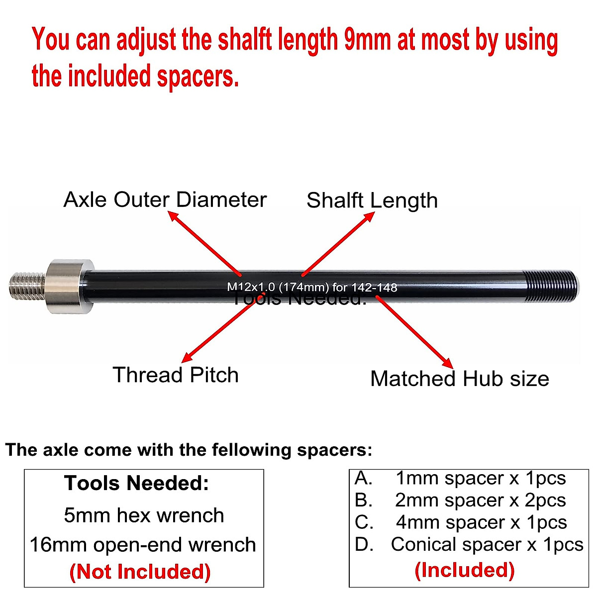 Bike Trailer Hitch Thru Axle Adapter 12mm Thru Axle with 1.0/1.5/1.75 Thread Pitch Shaft Length 167~185mm (M12-1.75-181mm)