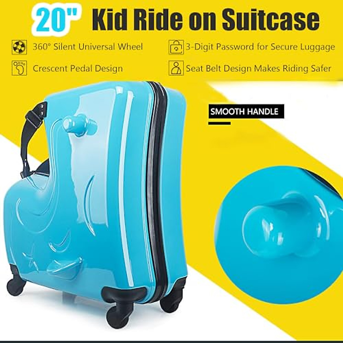 RUTILY Ride On Suitcase for Kids 20" Fashionable Unisex Kid Rolling Carry On Luggage with 4 Universal Wheels and Password Lock Recommended Age 2-8 Years Old Load Bearing 110LB (Blue)