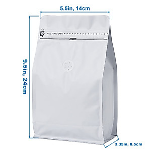 50 Count 16 Ounce Matt White Aluminum Foil Coffee Bags, Stand Up/Flat Bottom Coffee Pouches with Air Release Valve and Reusable Side Zipper (50, 16OZ, 1LB, 500G)