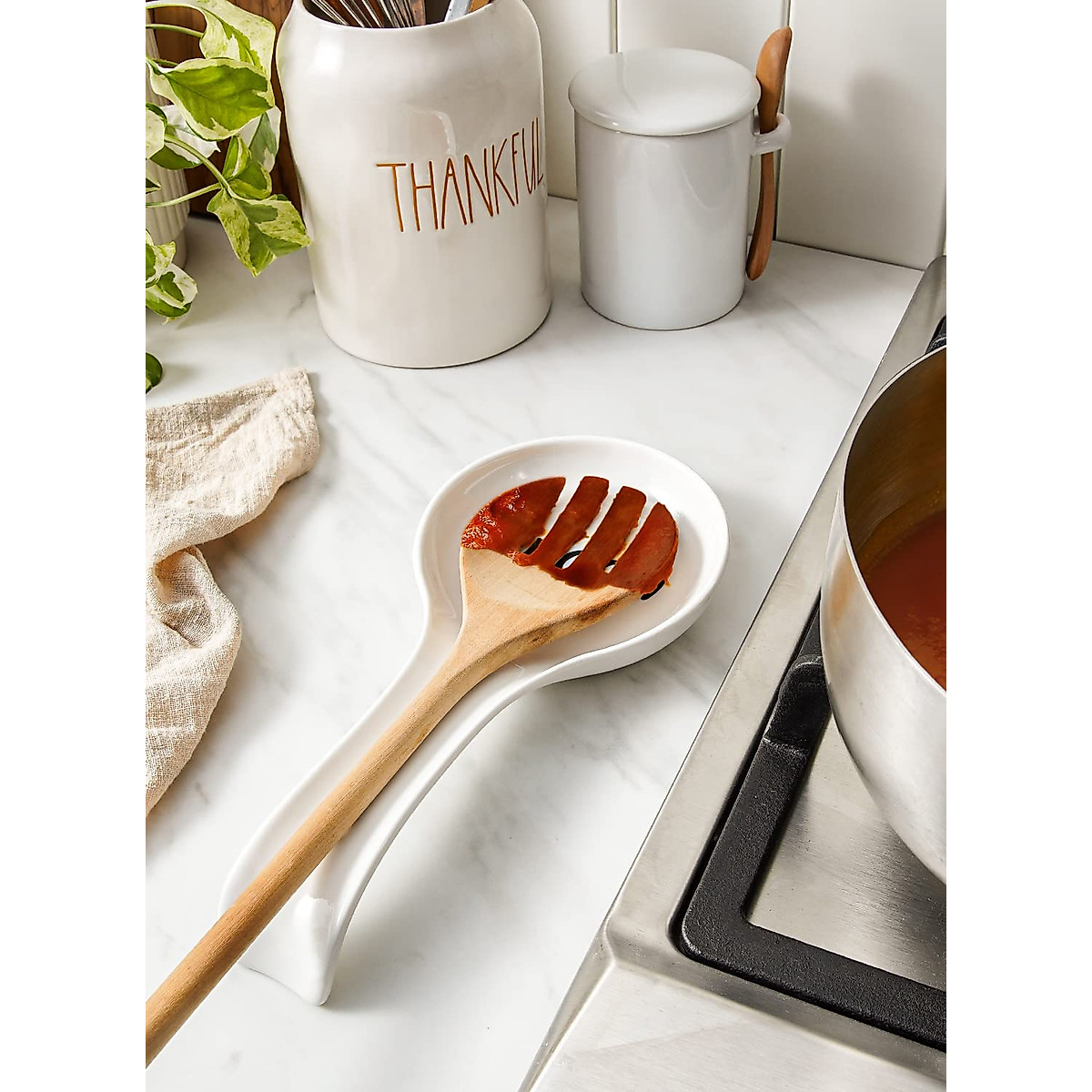 LE TAUCI Spoon Rest, Ceramic Spoon Rest for Stove Top, Spoon Rest for Kitchen Counter, Modern Farmhouse Kitchen Spoon Holder, Heat-Resistant Cooking Utensil Rest, Set of 2, White