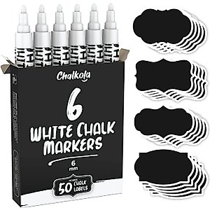 Chalkola White Chalk markers (6 Pack) - White Dry Erase Liquid Chalk Pens for Chalkboard, Blackboard, Window, Bistro, Car Glass, Board, Signs - Erasable ink 6mm Reversible Tip + 50 Chalk labels