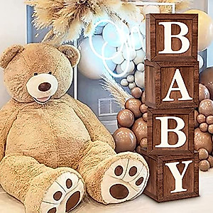Wood Print Baby Shower Boxes for Teddy Bear Birthday Party Centerpiece - 4 Pcs Wood Grain Baby Cubes Rustic Baby Blocks with Letters, Brown Baby Shower Decorations