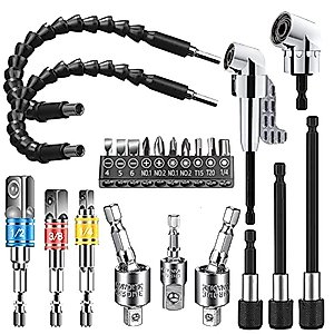 Flexible Drill Bit Extension Set 14 Pcs,Hex Shank Drill Bit Holder Extension Set 3 Pcs,90°105°Right Angle Drill Bit Attachment,1/4 3/8 1/2"Impact Driver Rotatable Socket Adapter & Screwdriver Bit Set