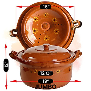 Ancient Cookware, Mexican Clay Lidded Cazuela Pot, Jumbo, Terracotta, 12 Quarts