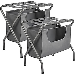 ELYKEN 2 Pack Luggage Rack with Laundry Bag, Guest Room Folding Space Saving Suitcase Holder, Max 110LBS Baggage Shelf with Heavy Duty Nylon Belts, Dirty Clothes Storage for Bedroom Hotel