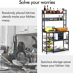 NAIYUFA Kitchen Bakers Rack with Baskets,5-Tier Kitchen Utility Storage Shelf with Hooks, Microwave Oven Stand Rack, Free Standing Kitchen Shelf Vintage Grey