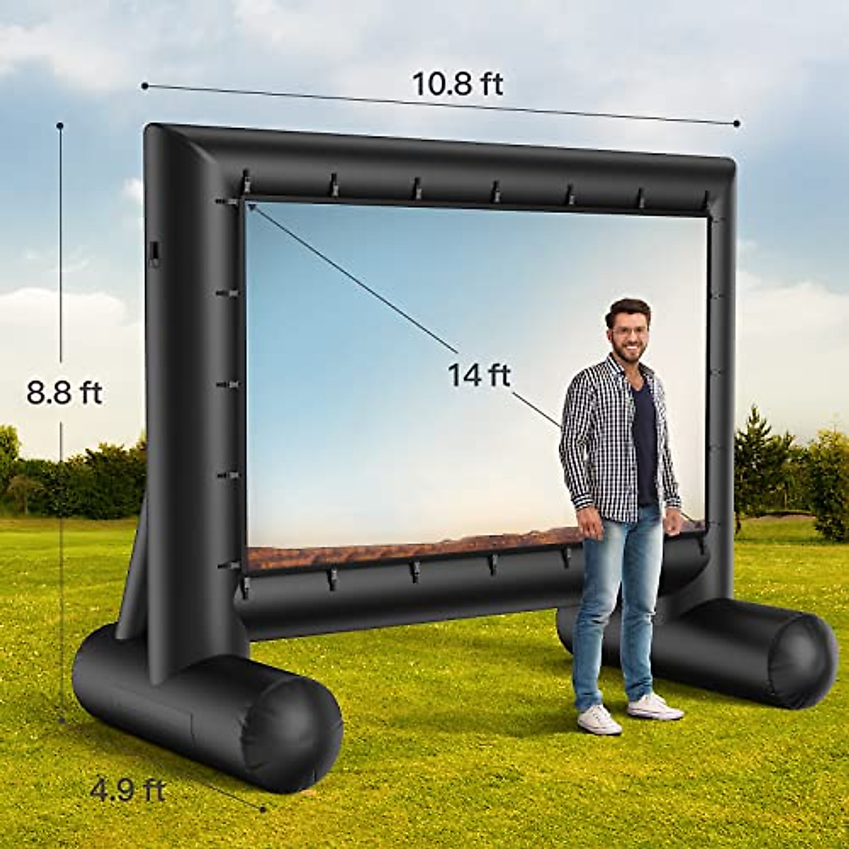 Outdoor Inflatable Projector Screen 14 Feet Blow up Movie Screen with Fast Low-Noise Air Blower Support Front & Rear Projection for Home Theater Backyard Movie Night Barbecue Pool Party