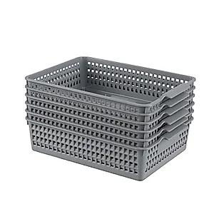 Knifefish 6 Packs Plastic Storage Baskets, Paper Organizer Baskets , Shallow Storage Basket Trays, Grey