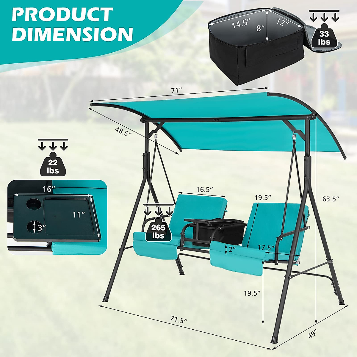 Tangkula 2 Person Porch Swing, Outdoor Swing with Pivot Storage Table, Cooler Bag, 2 Cup Holders, Removable Cushions, Patio Swing with Canopy for Backyard Balcony Poolside (Turquoise)