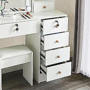 Vanity Desk with Power Outlet,White Vanity with Mirror and Lights, Makeup Vanity with 5 Drawers and Cushioned Stool, Makeup Table Set for Girls