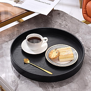 Round Natural Wooden Tray Black Coffee Snack Food Meals Transfer Tray Table Decor Tray Multipurpose Serving Tray for Cafe Restaurant Hotel Home Shop (L 27cm)
