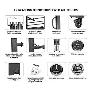 Folding Chair Rack Folding Chair Cart with Capacity 84 Folding Chair Storage Rack 360° Rubber Locking Wheels Weatherproof Cover Mobile Chair Dolly for Stackable Chairs Folding Tables and Chairs