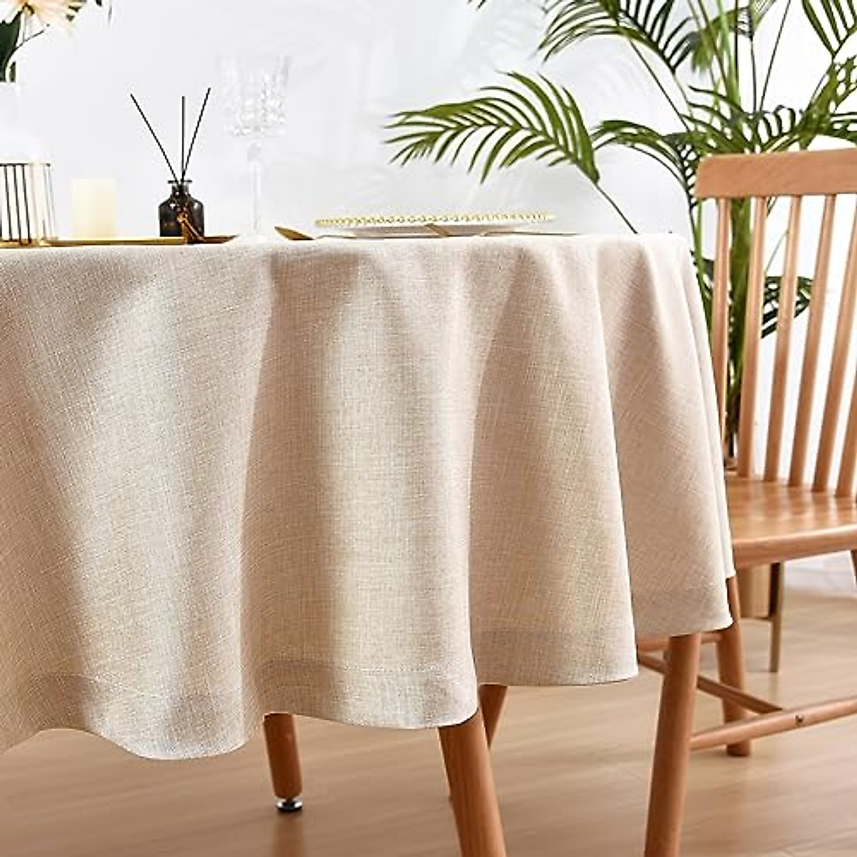 Wolkemer Faux Linen Round Tablecloth Heavy Duty Wrinkle Resistant Fabric Table Cloths 60 Inch Beige Coffee Table Cover for Kitchen Dining Indoor Outdoor Tabletop Decoration