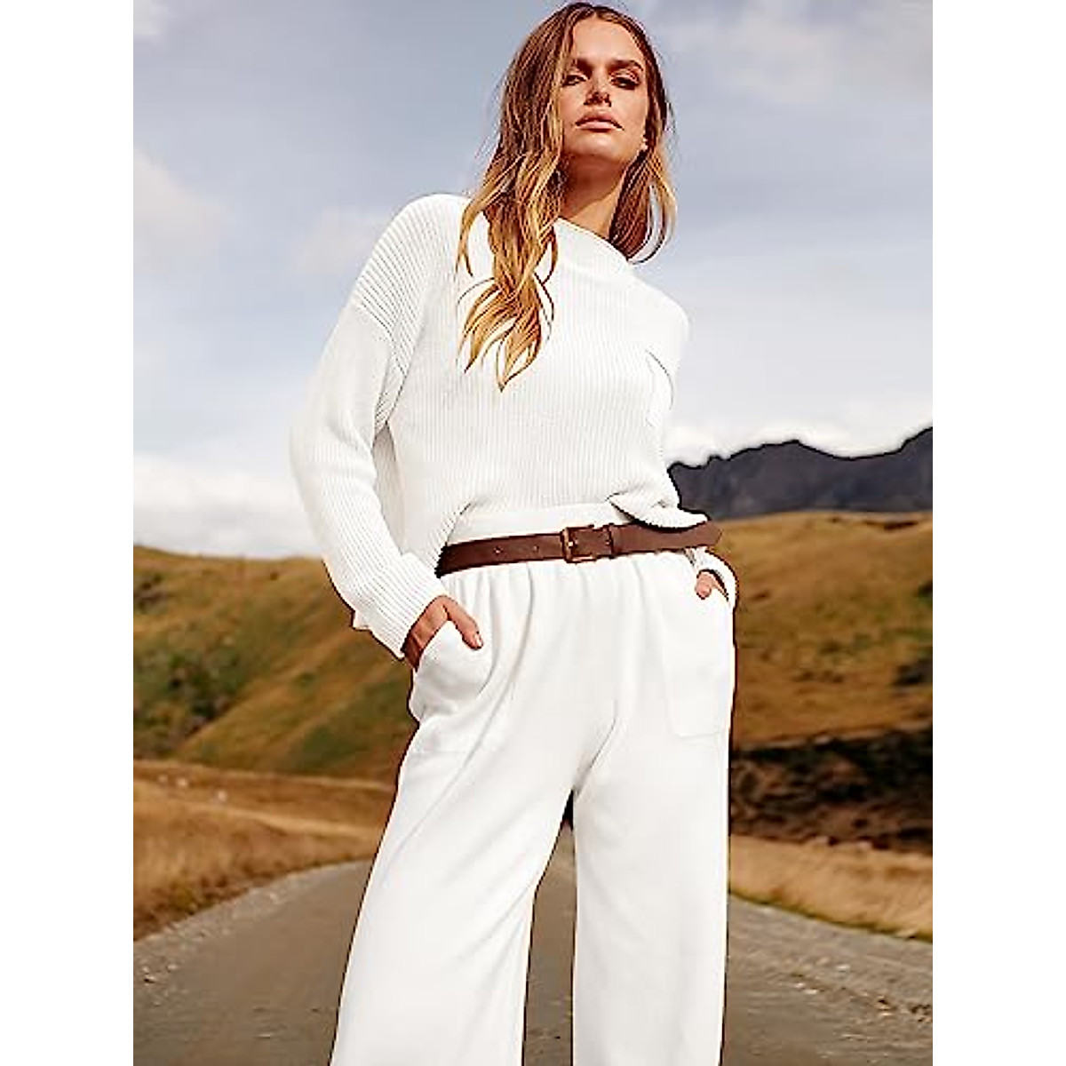 ANRABESS Women's Two Piece Outfits Long Sleeve Knit Top Fall Sweater Set Oversized Pants Tracksuit Lounge Sets White Medium