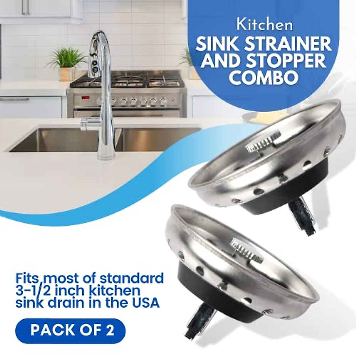 (2-Pack) Kitchen Sink Strainer with Stopper - Replacement Stainless Steel Strainer with Rubber Stopper Bottom - Fits Standard 3 1/2” Drains with Rectangular Center Hole - Post-Style Strainer Baskets