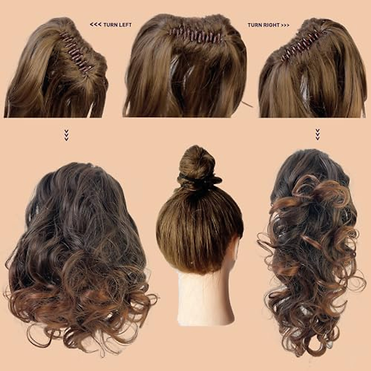 CAISHA 2 IN 1 Ponytail 12" Or 14" Hairpiece Clip On Extension Voluminous Wavy Medium Brown H22-2