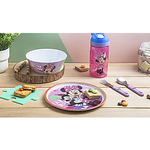 zak! 5-Piece Dinnerware Set, Disney Minnie Mouse - Durable Plastic & Stainless Steel - Includes Water Bottle, 8-Inch Plate, 6-Inch Bowl, Fork & Spoon - Suitable for Kids Ages 3+