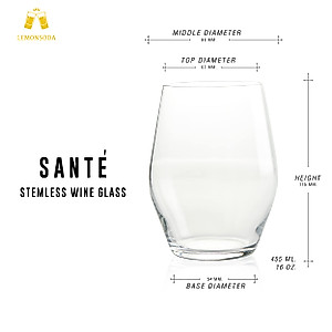 LEMONSODA High-end Sante Stemless Crystal Wine Glass Set - Big Wine Stemless Glass for Wine Tastings, Gift Sets, Party, Red Wine, White Wine - (455 mL / 15 Fluid Ounces) (Set of 6)