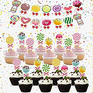 UOMNICUE 37PCS Candyland Party Decorations Set, Candyland Sign Banner Lollipop Cupcake Toppers for Sweet Candyland Themed Kids Baby Birthday Party Decoration Christmas Party Supplies