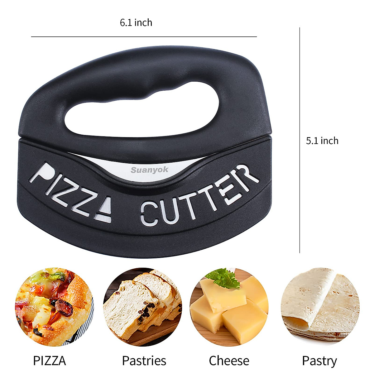 Suanyok Premium Pizza Cutter Food Chopper-Super Sharp Blade Stainless Steel Pizza Cutter Rocker Slicer with Protective Sheath Multi Function Pizza Knife Kitchen Tools,Dishwasher Safe (Black)