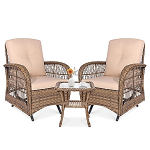 VIVIJASON 3-Piece Outdoor Patio Furniture Set, Outdoor Wicker Glider Rocking Chairs Rattan Conversation Bistro Sets w/ 2 Rattan Cushioned Chairs and Glass Top Side Table for Porch Backyard