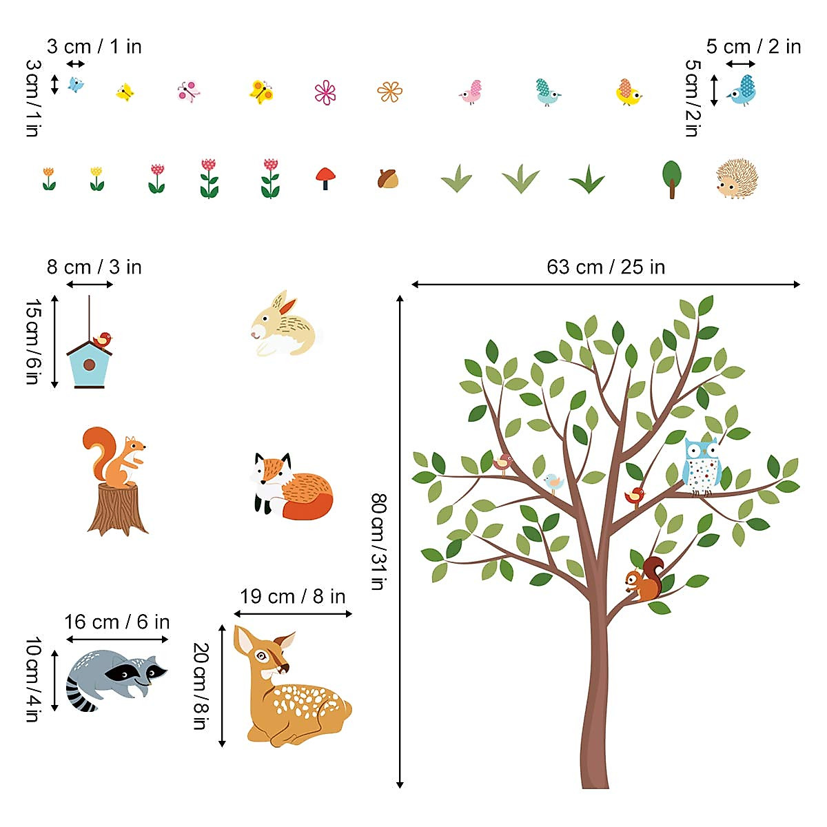 decalmile Forest Animals Tree Wall Decals Deer Squirrel Owl Wall Stickers Baby Nursery Kids Bedroom Playroom Wall Decor(Tree H: 31"))